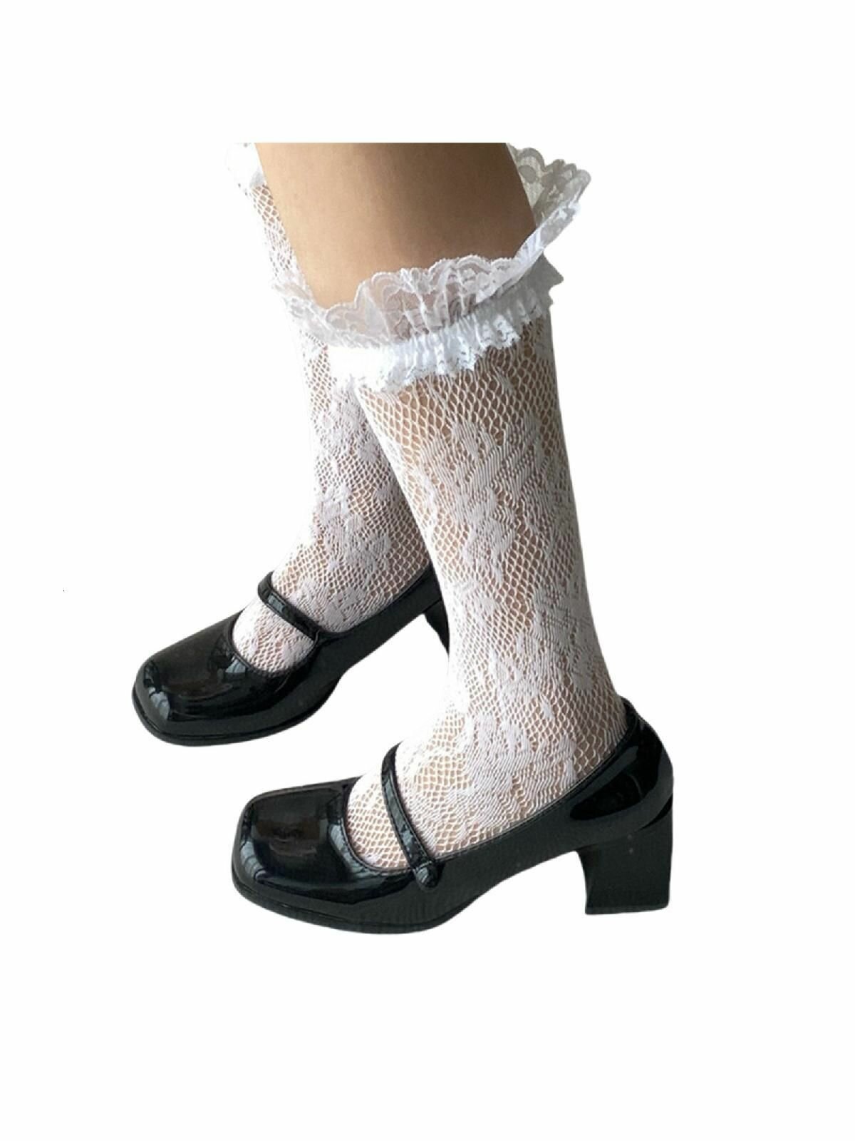 Женские сетчатые гольфы с кружевной отделкой, Белый