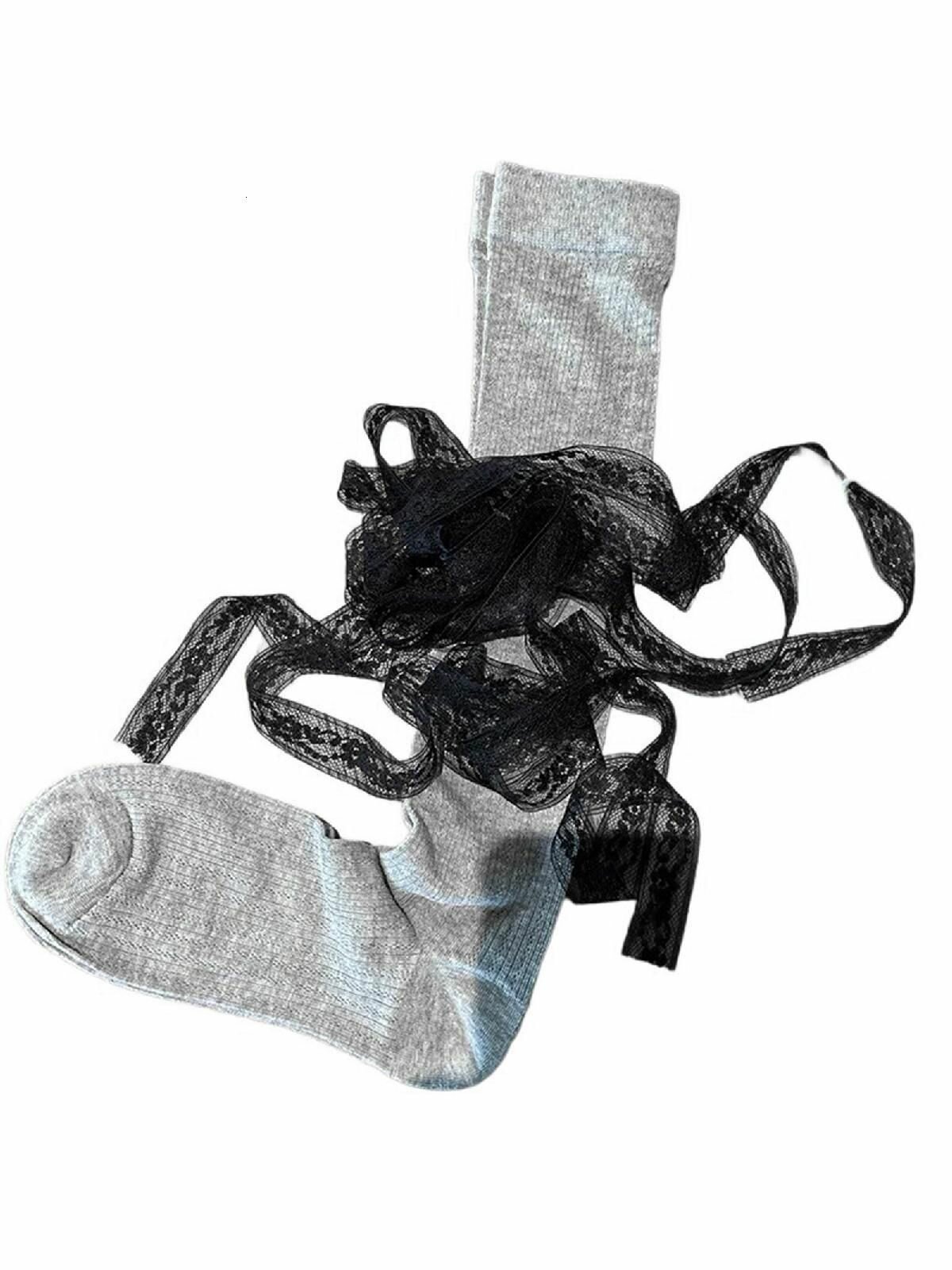 Женские японские гольфы из хлопка с лентами, Серый