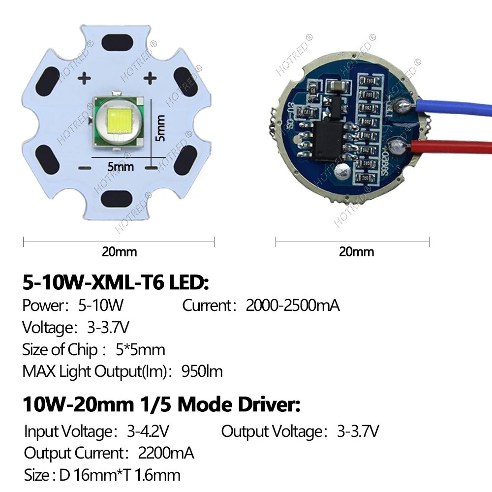 OTCRREE LED чип T6 XML2 10Вт холодный белый 20mm T6-20mm Dr, Neutral White LED, With 5 Mode