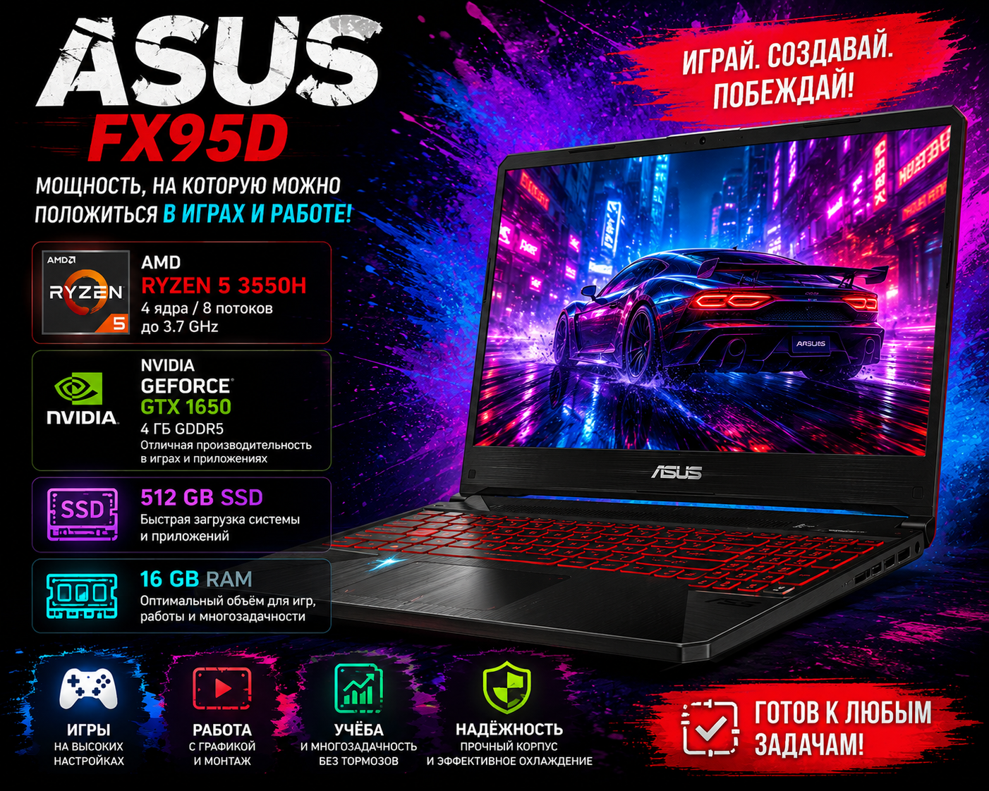 Игровой ноутбук ASUS TUF GAMING , 15,6" , AMD Ryzen R5-3550H , GTX1650 , RAM 16 ГБ , SSD 512 ГБ , Windows 11
