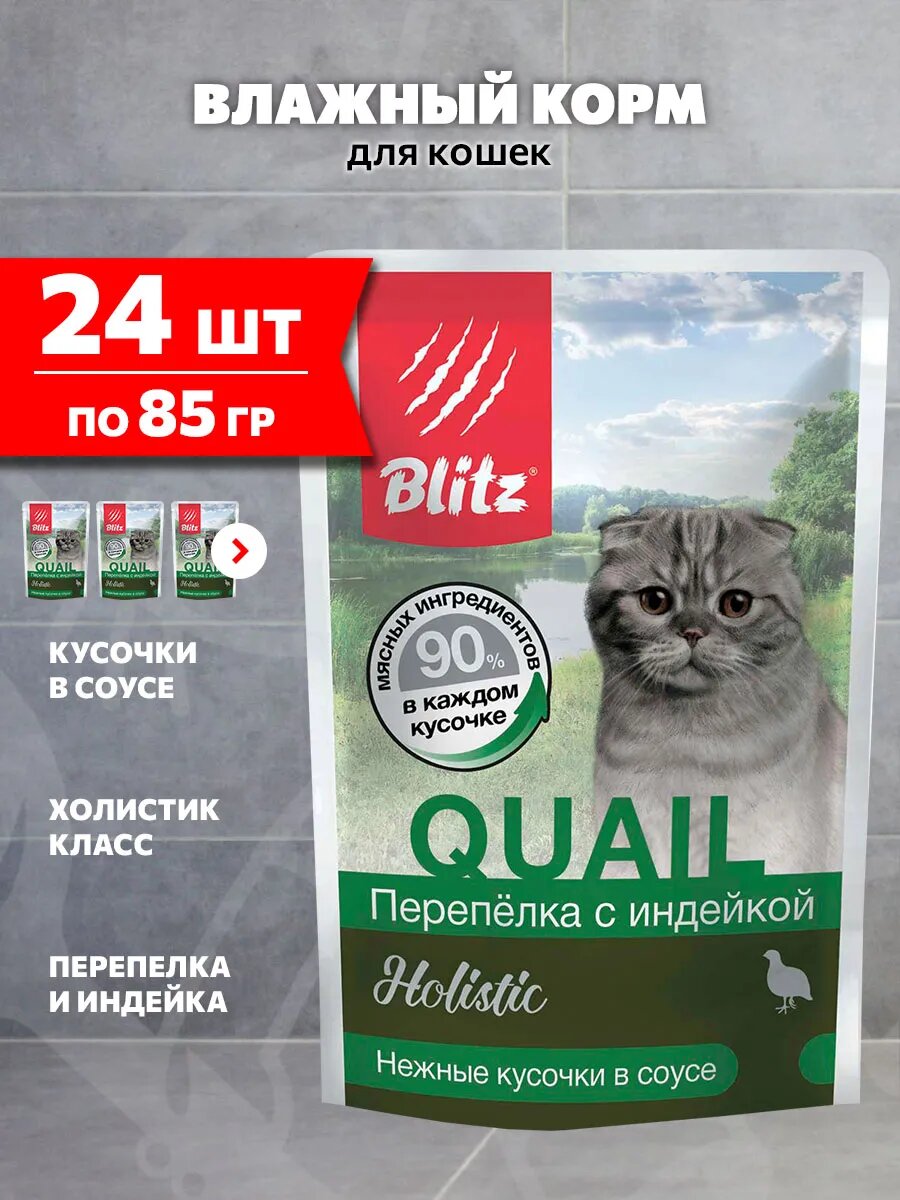 Корм влажный Blitz Holistic Quail для взрослых кошек, перепелка и индейка в соусе, 85 г х 24 шт