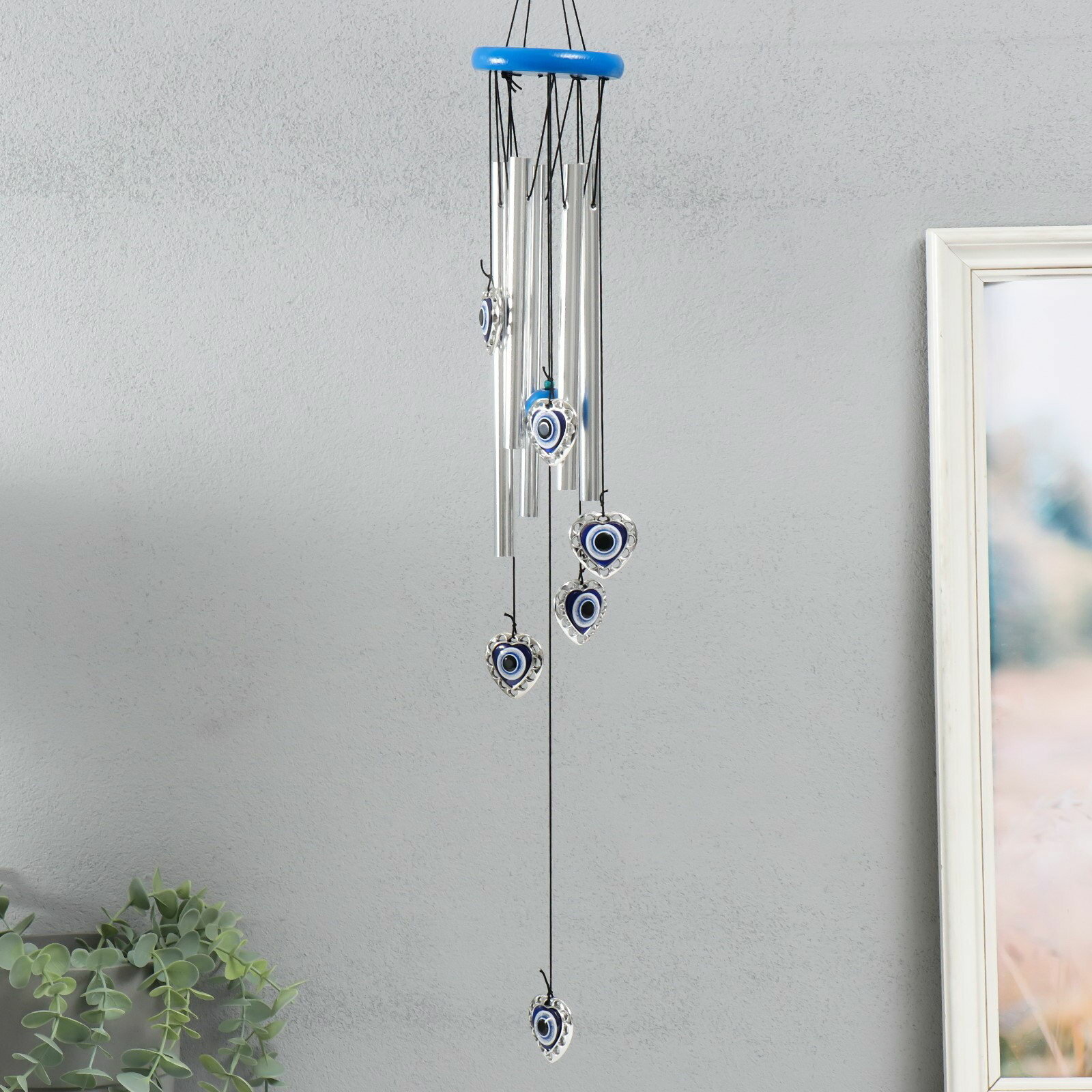 Музыка ветра "Сердечки от сглаза", металл, пластик, 5 трубок, глазки, 60 см