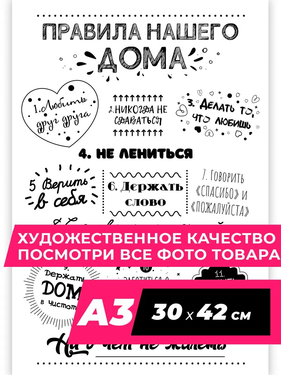 Постер Правила нашего дома на стену размер A3, матовая фотобумага премиум качества