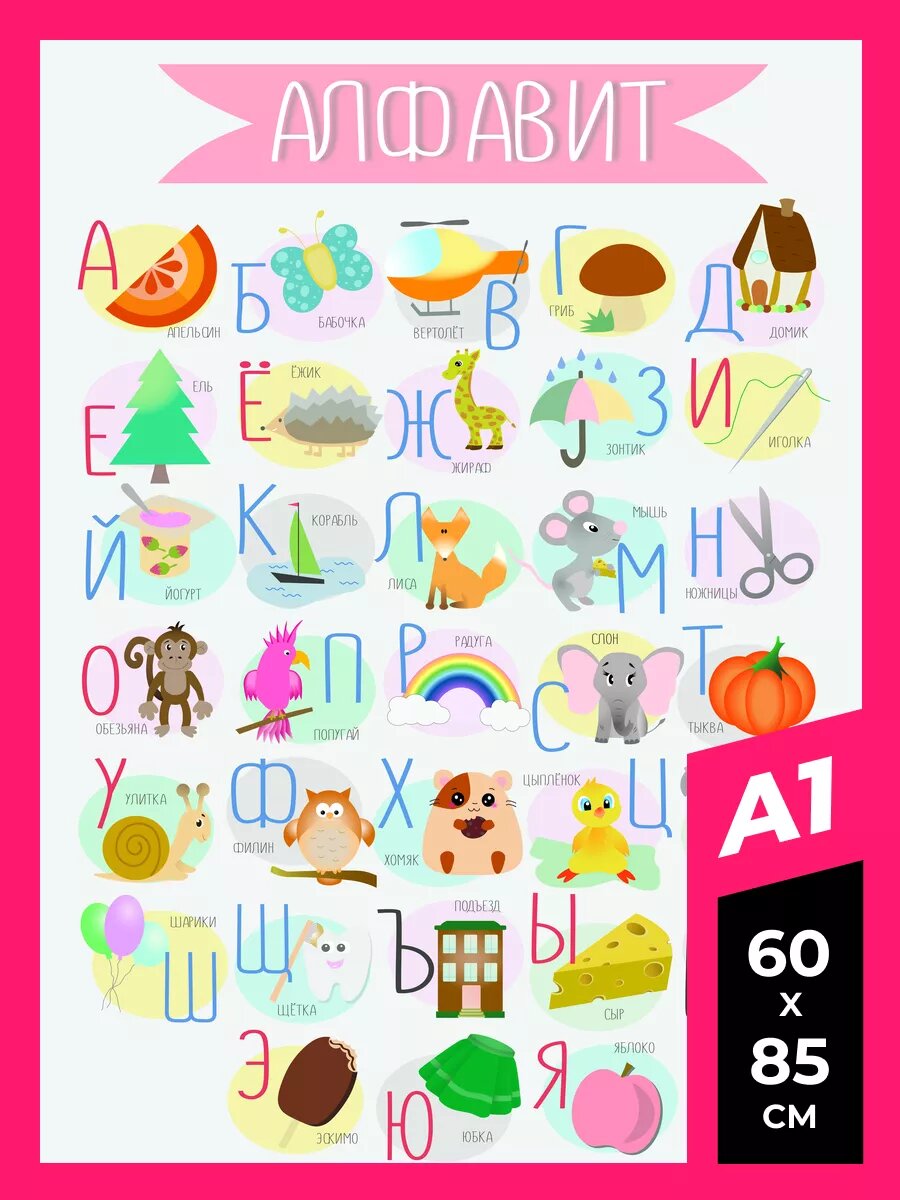 Плакат постер русским алфавитом и азбукой Буквы и животные