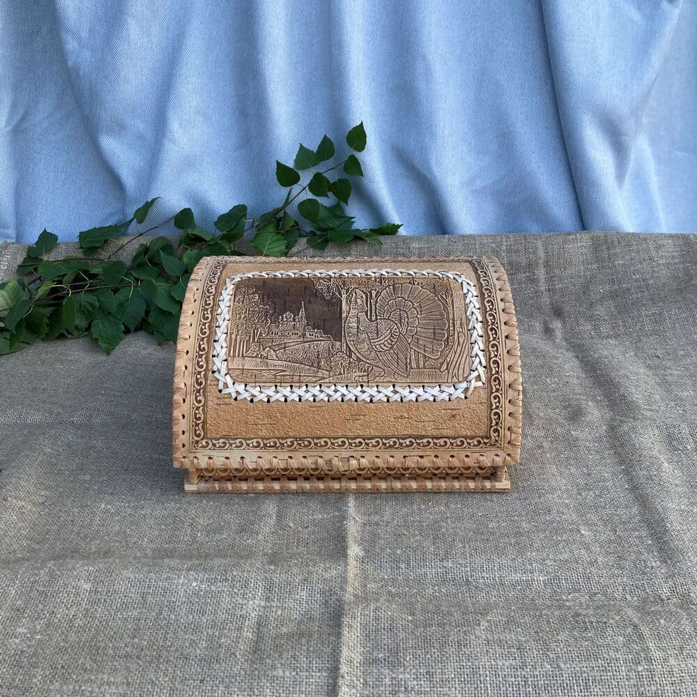 Хлебница "Глухарь" береста, шитая, сдвижная крышка, 30х26х19 см