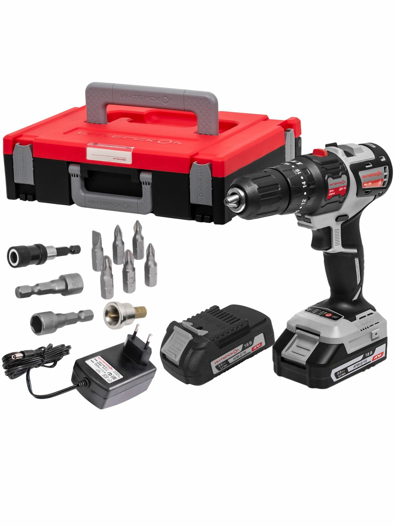 Аккумуляторная ударная дрель-шуруповерт ИНТЕРСКОЛ дау-10/18В 44 Мультимакс18, 18 В, 1650 об/мин, 21000 уд/мин, c 2 АКБ 2 Ач и ЗУ, в систейнере мультибокс + Набор бит в подарок (755.2.2.47)