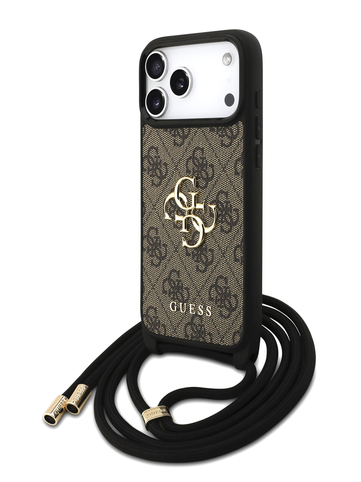 Чехол Guess на iPhone 17 Pro Max, кросс-боди, из экокожи 4G, с нейлоновым шнурком, коричневый