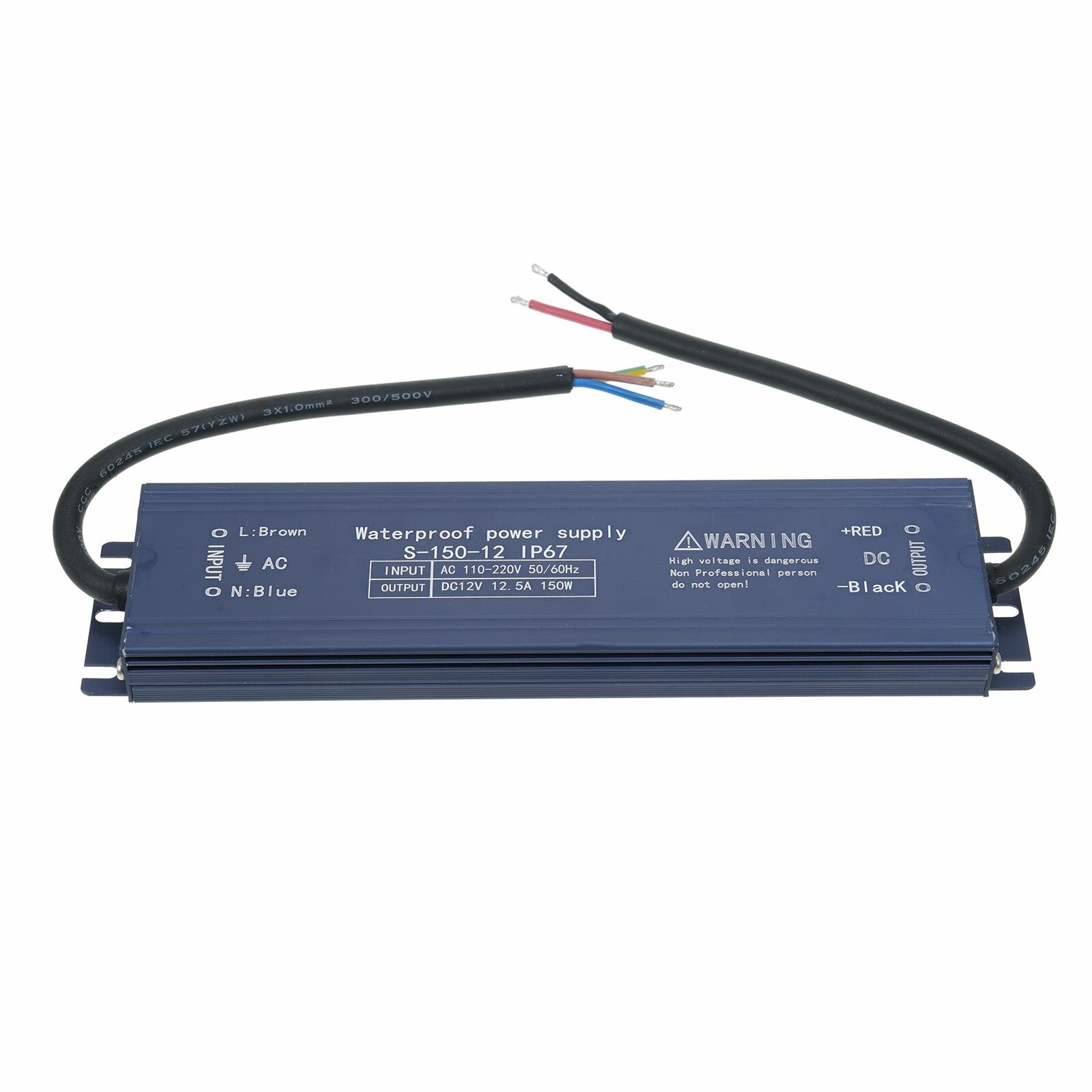 Водонепроницаемый адаптер IP67 150W 12V для светодиодных лент, вход 110-220V AC, выход 12V DC
