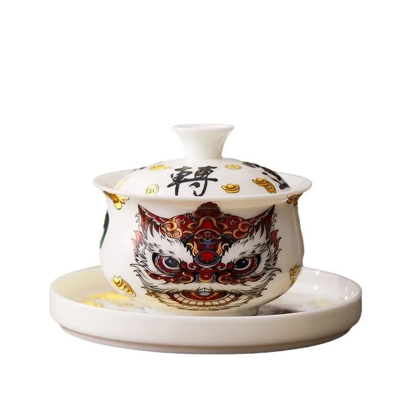 200 мл фарфоровый нефритовый фарфоровый набор Gaiwan для чая, китайский лев, чайная посуда, большая чайная чаша, чашки для чая Chawan, магазин Lily Deng's
