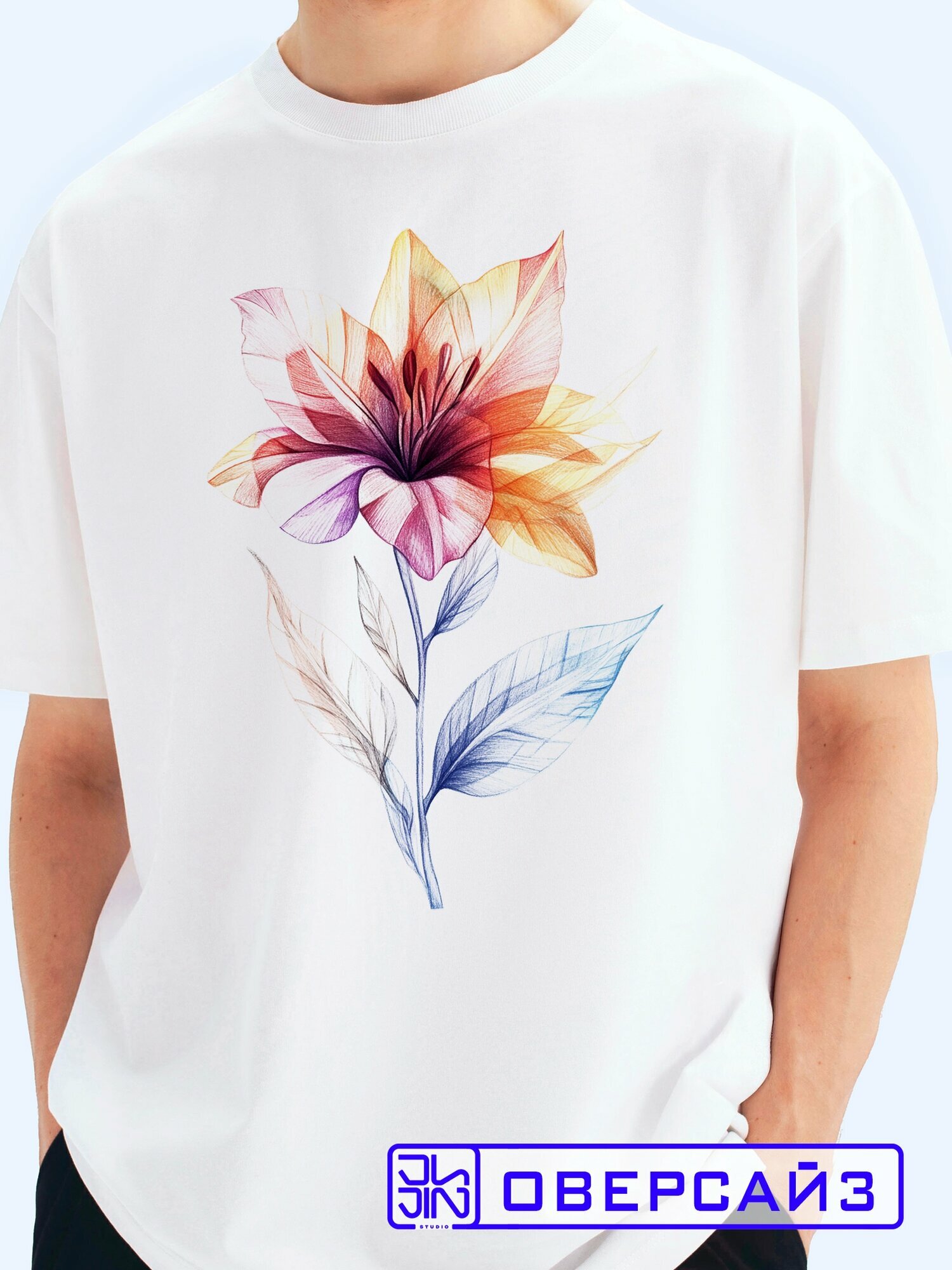 Футболка оверсайз мужская с принтом Пестрая разноцветная лилия с яркими цветочными лепестками, дизайнерская природа, белый хлопковый трикотаж с прикольным рисунком на груди