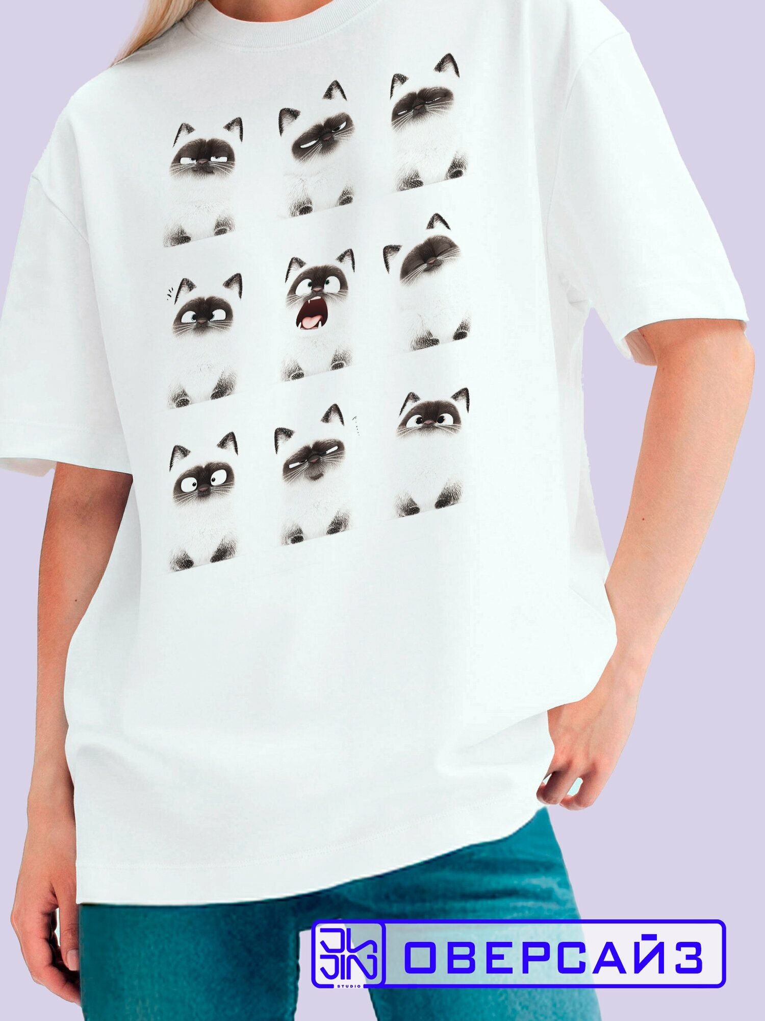 Футболка оверсайз женская с принтом Черно белая кошка с мемами, смешные эмоции, забавные, комичные выражения, белый хлопковый трикотаж с прикольным рисунком на груди