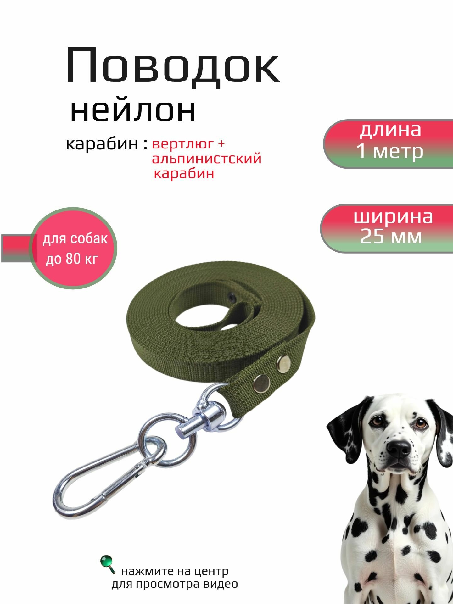 Поводок для собак с вертлюгом и альпинистским карабином нейлон 1 м х 25 мм (зеленый)