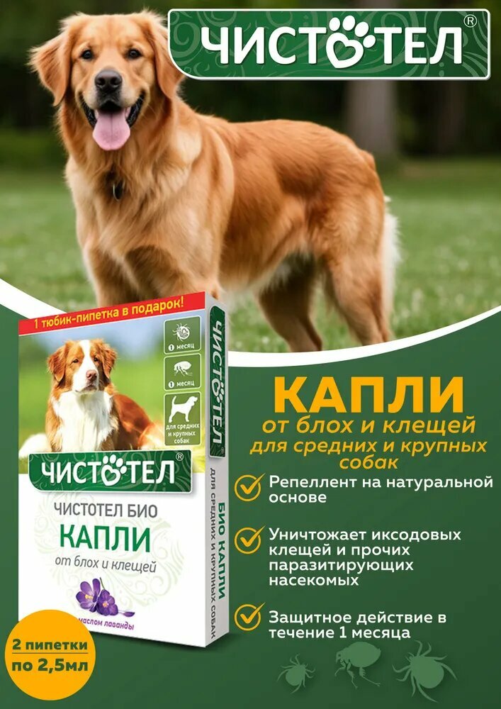 Чистотел Био капли с лавандой от блох и клещей для средних и крупных собак 2 пипетки по 2,5мл