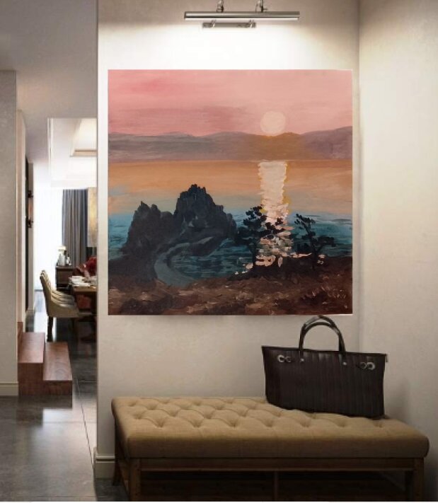 Картина живопись на стену Закат на озере Байкал, мыс Бурхан, скала Шаманка