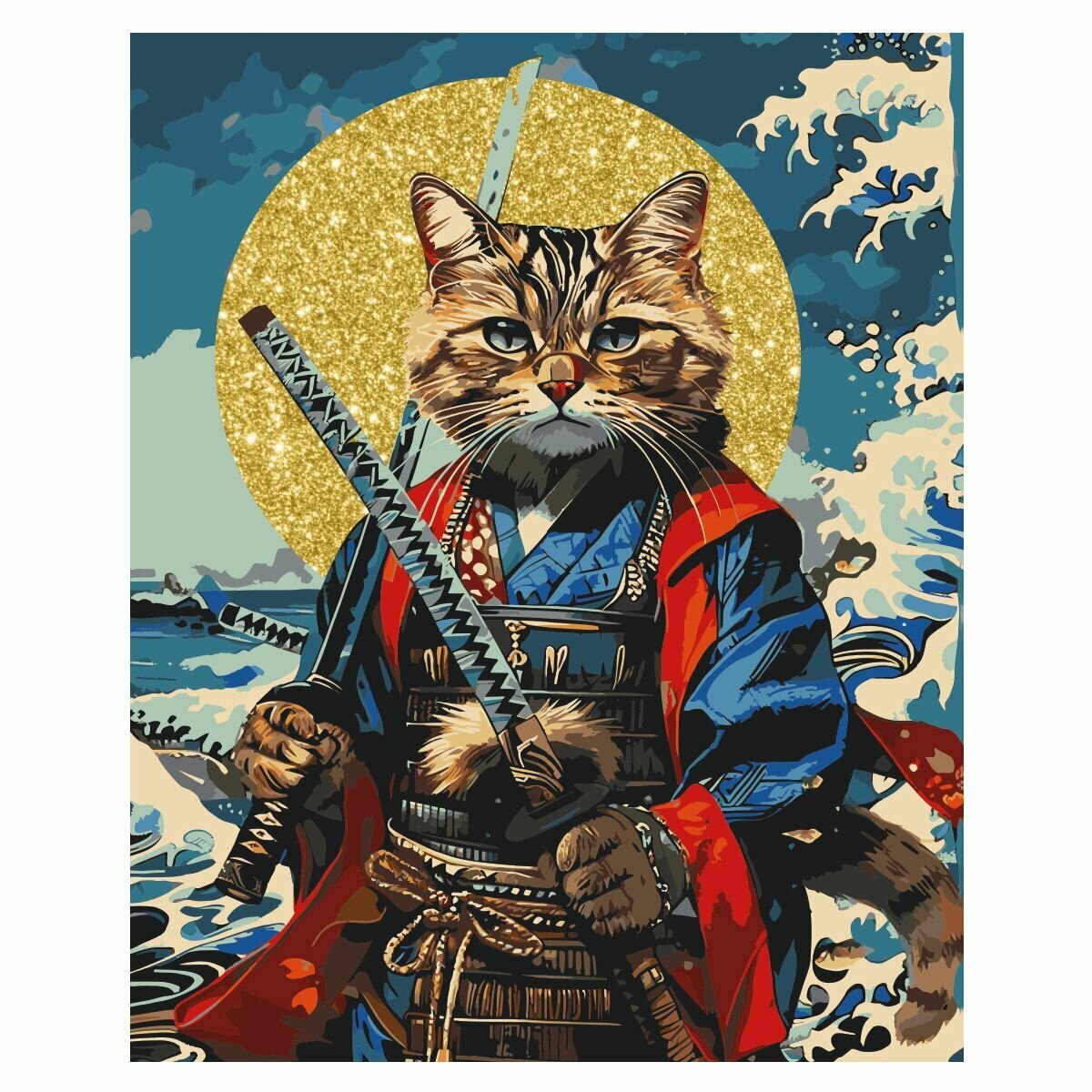Картина по номерам на холсте с глиттером Три Совы "Кот-самурай", 40x50см, краски, кисть (КХг4050_57069)