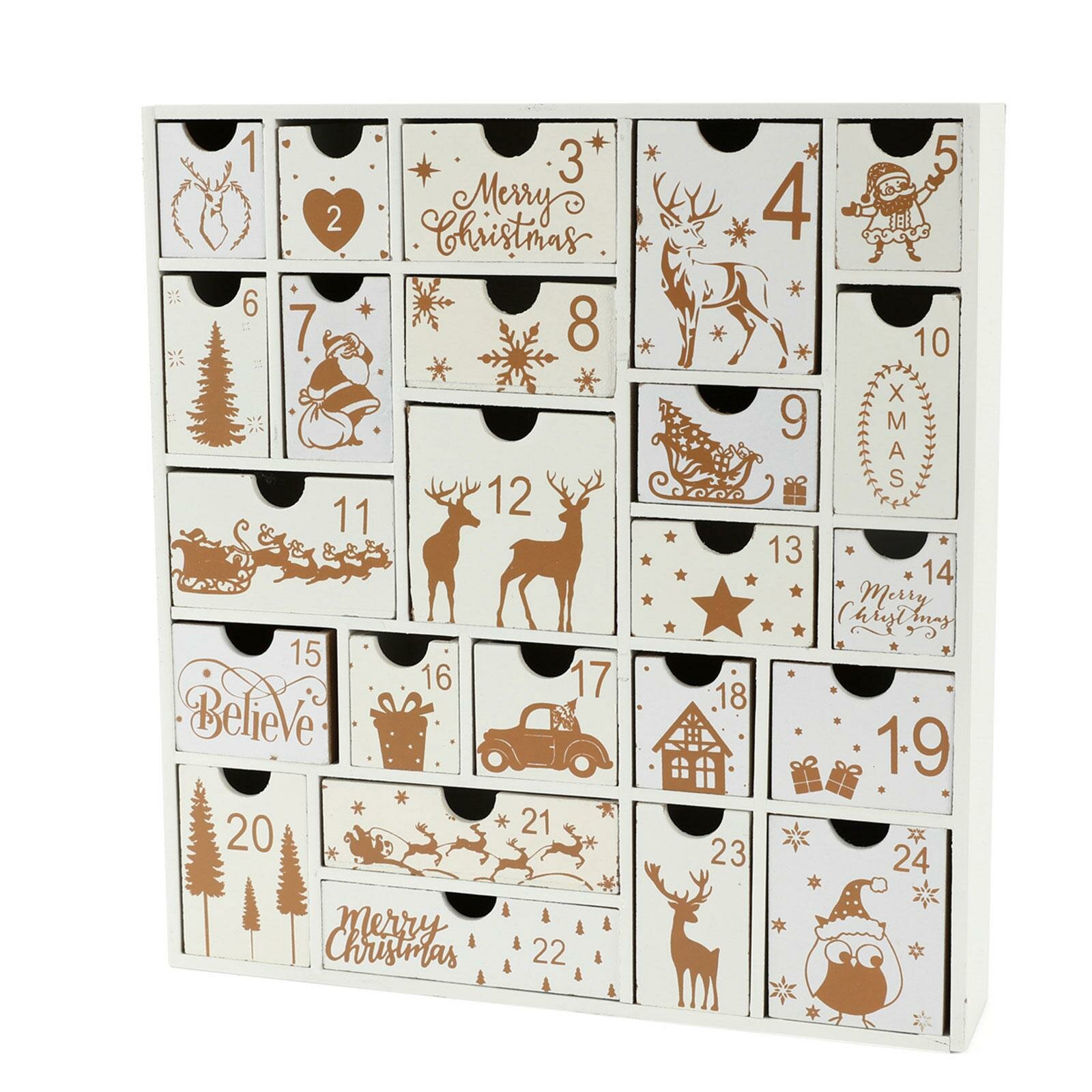 Деревянный рождественский адвент-календарь с ящиками на 24 дня, Белый