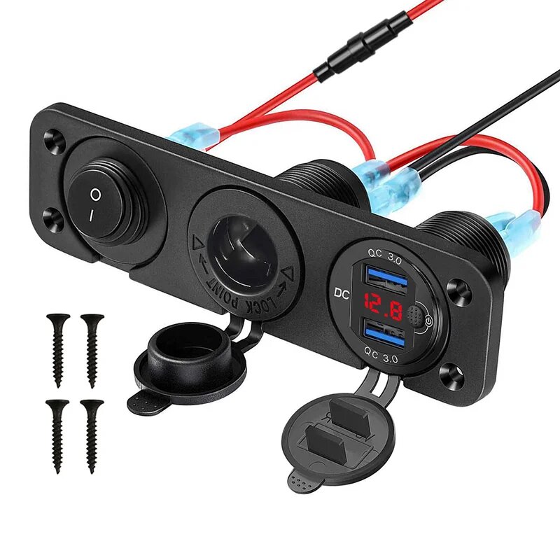 Панель зарядки 3 в 1 с вольтметром, QC3.0, розетка, Red with button