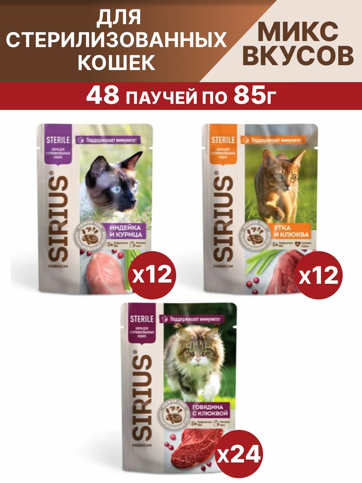 Корм консервированный полнорационный SIRIUS (Сириус) для стерилизованных кошек, микс вкусов, кусочки в соусе, 48шт по 85г
