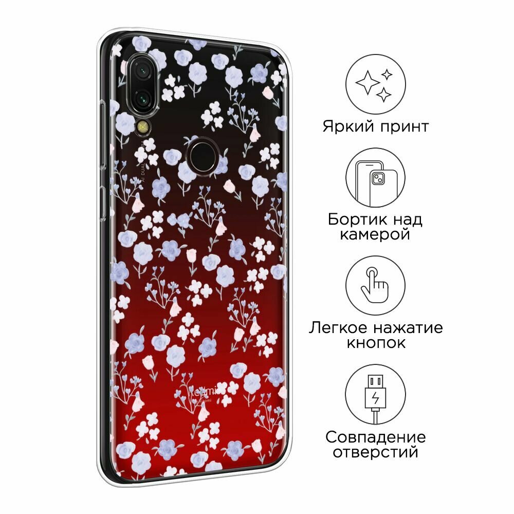Чехол на Xiaomi Redmi 7 / Сяоми Редми 7 с принтом "Сиреневые розы паттерн", прозрачный — фото 1