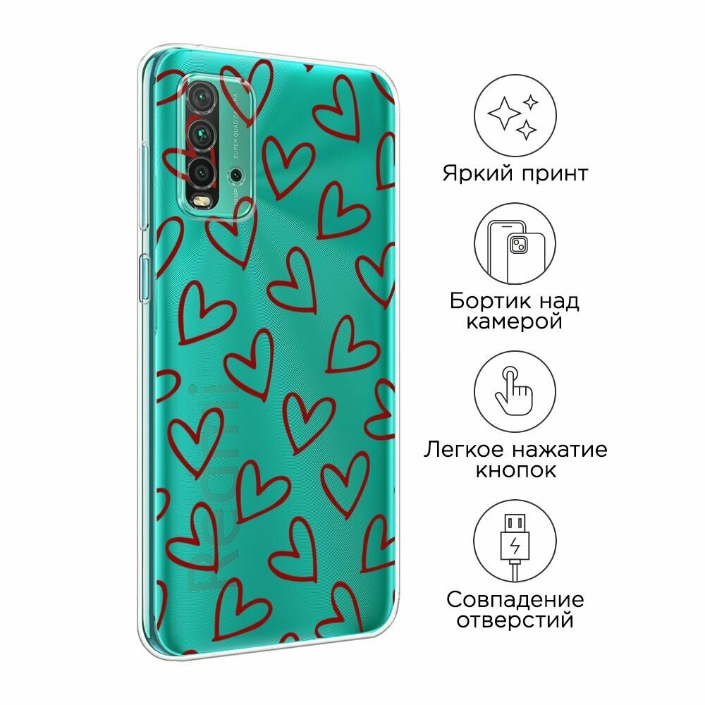 Чехол на Xiaomi Redmi 9T / Сяоми Редми 9Т с принтом "Little hearts doodles 2 - 14 февраля", прозрачный — фото 1