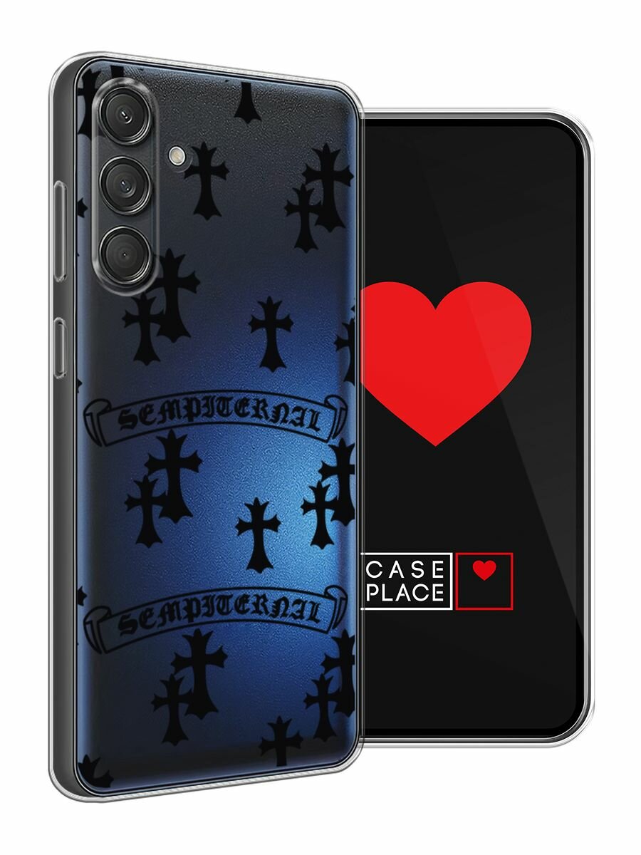 Чехол на Samsung Galaxy M55 / Самсунг M55 с принтом "Кресты паттерн чёрный", прозрачный — фото 1