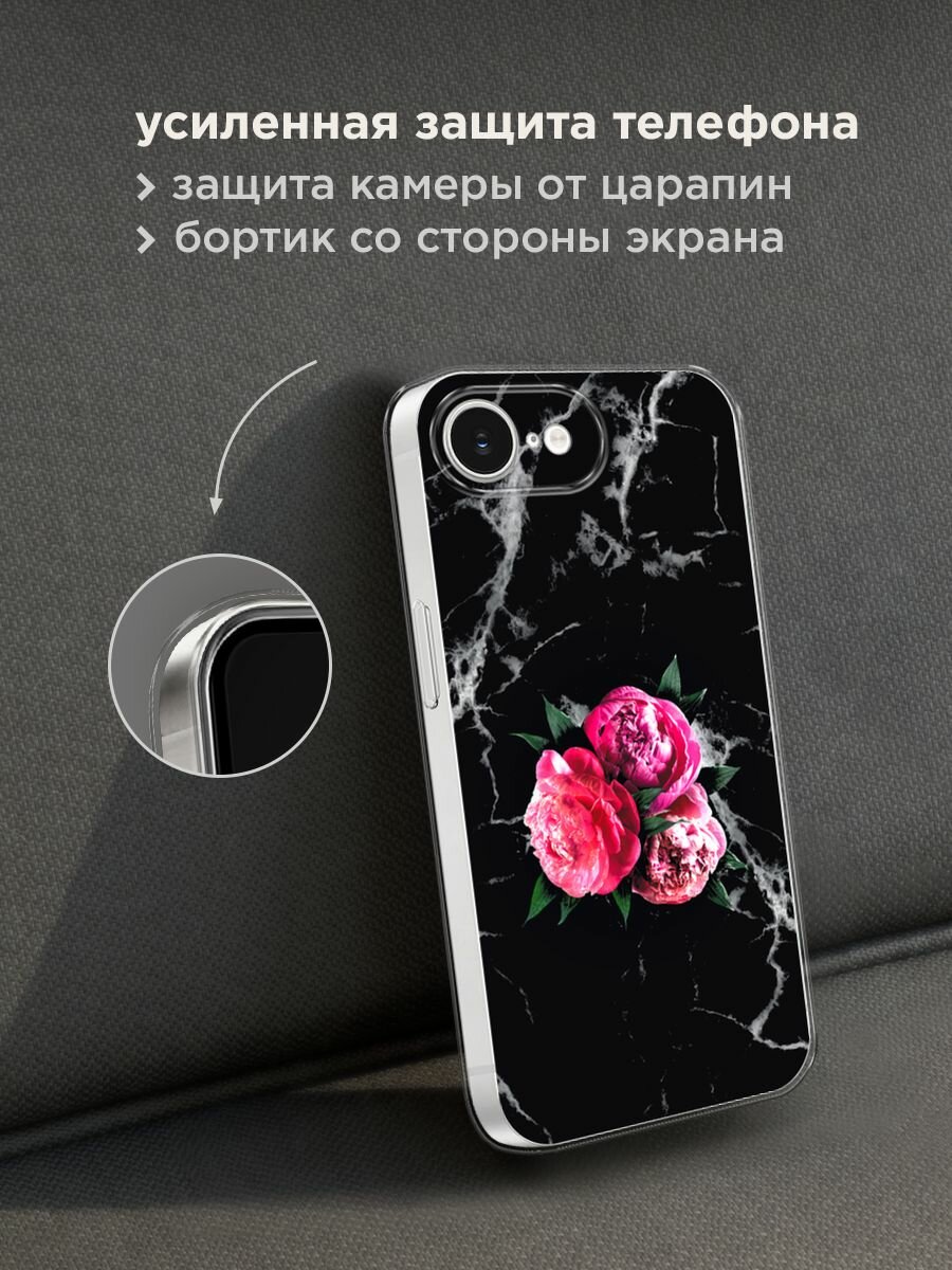 Чехол на Apple iPhone 16e/17e / Айфон 16е/17e с принтом "Букет на черном мраморе" — фото 1