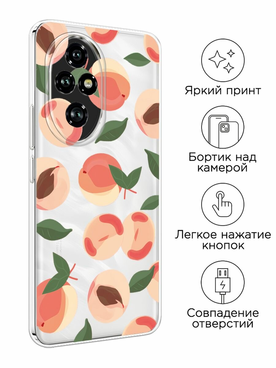 Чехол на Honor 200 Pro / Хонор 200 Про с принтом "Нежные персики паттерн 2", прозрачный — фото 1
