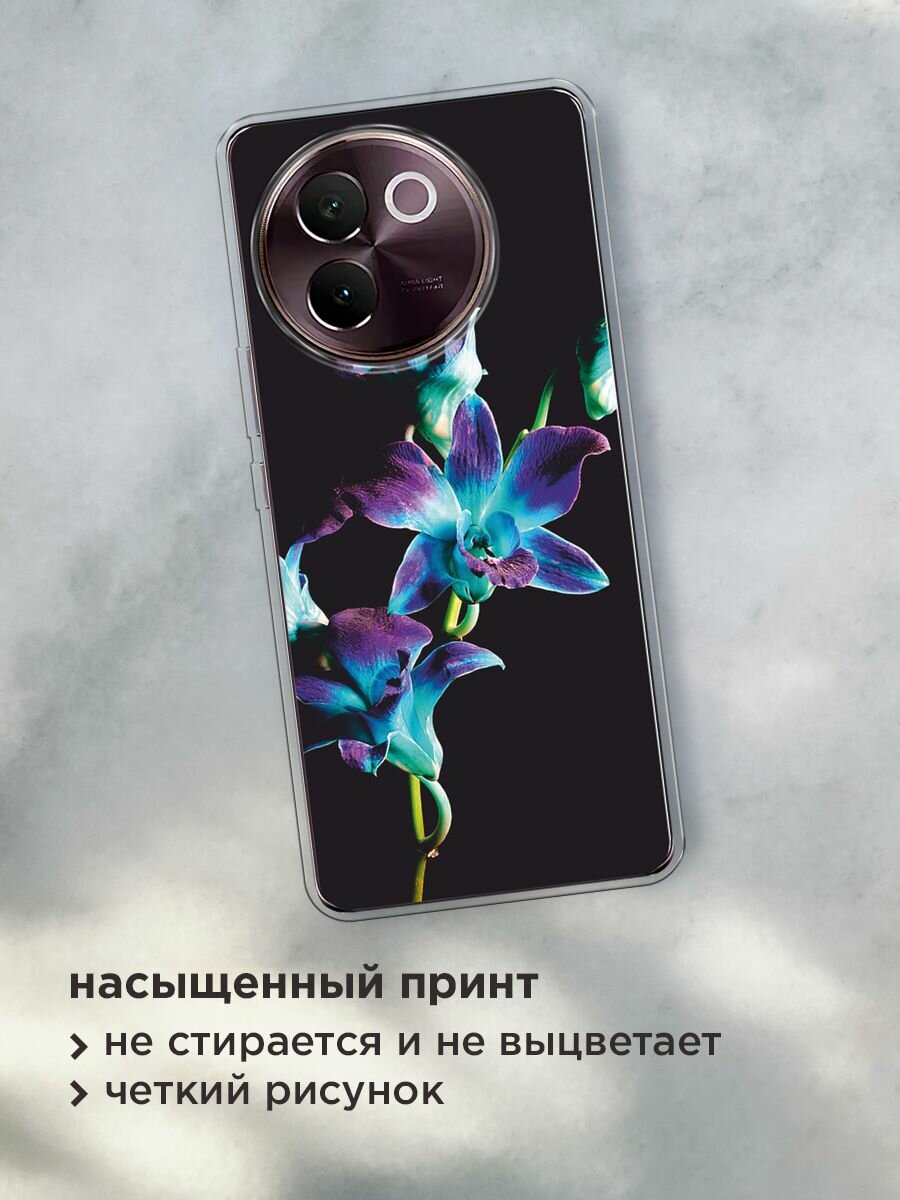 Чехол на Vivo V30e / Виво В30е с принтом "Синий цветок на черном" — фото 1