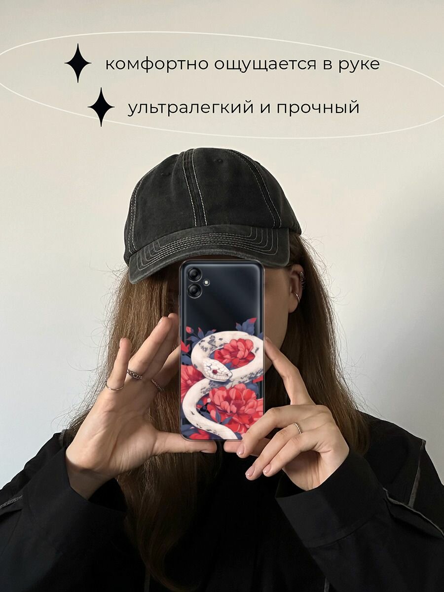 Чехол на Samsung Galaxy A04e / Самсунг A04e с принтом "Белая змея в цветах", прозрачный — фото 1