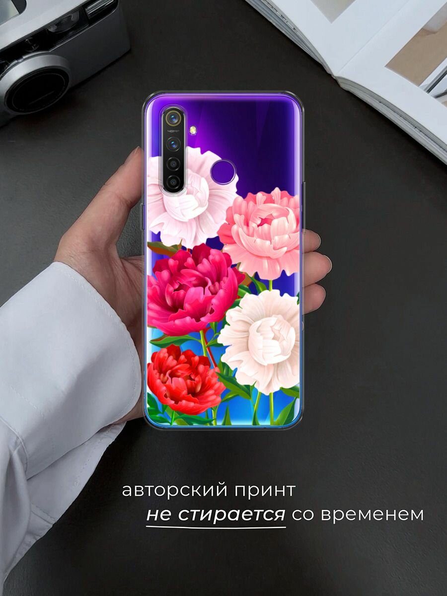 Чехол на Realme 5 Pro / Реалми 5 Про с принтом "Большие пионы", прозрачный — фото 1