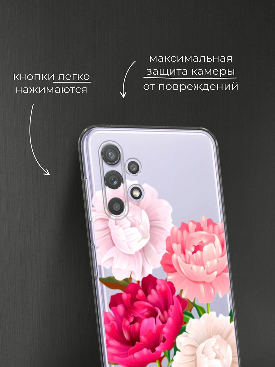 Чехол на Samsung Galaxy A32 / Самсунг Галакси А32 с принтом "Большие пионы", прозрачный — фото 1