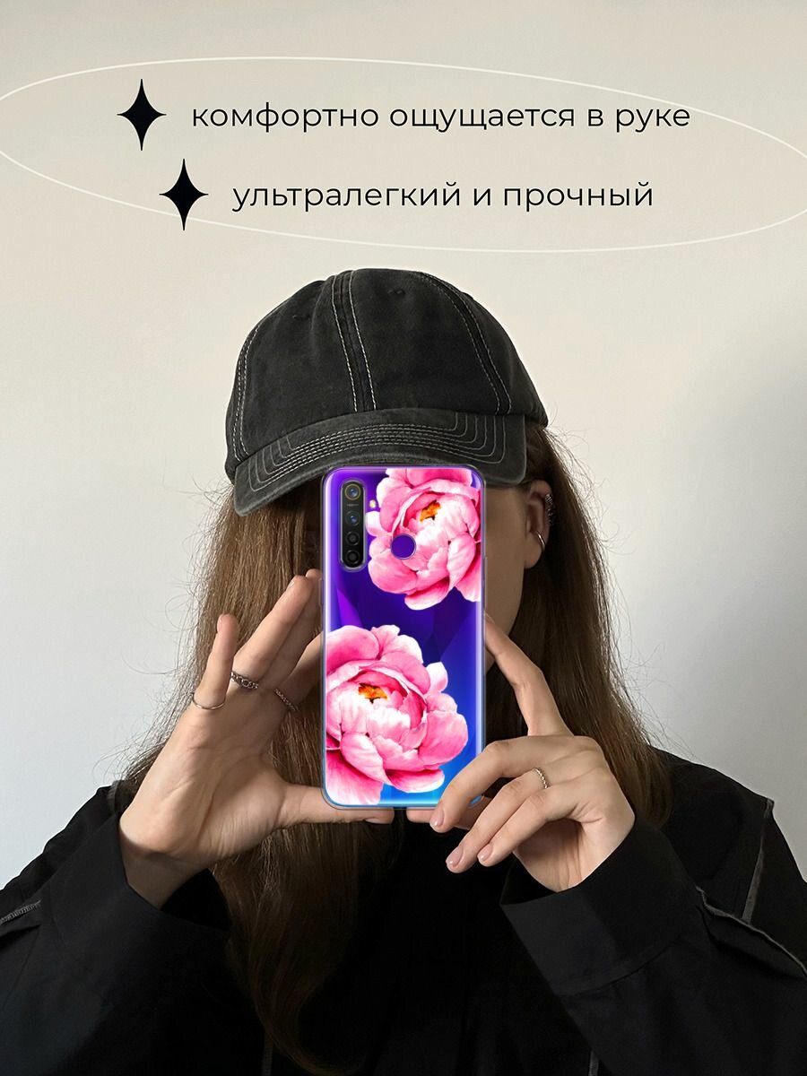 Чехол на Realme 5 Pro / Реалми 5 Про с принтом "Open peonies", прозрачный — фото 1