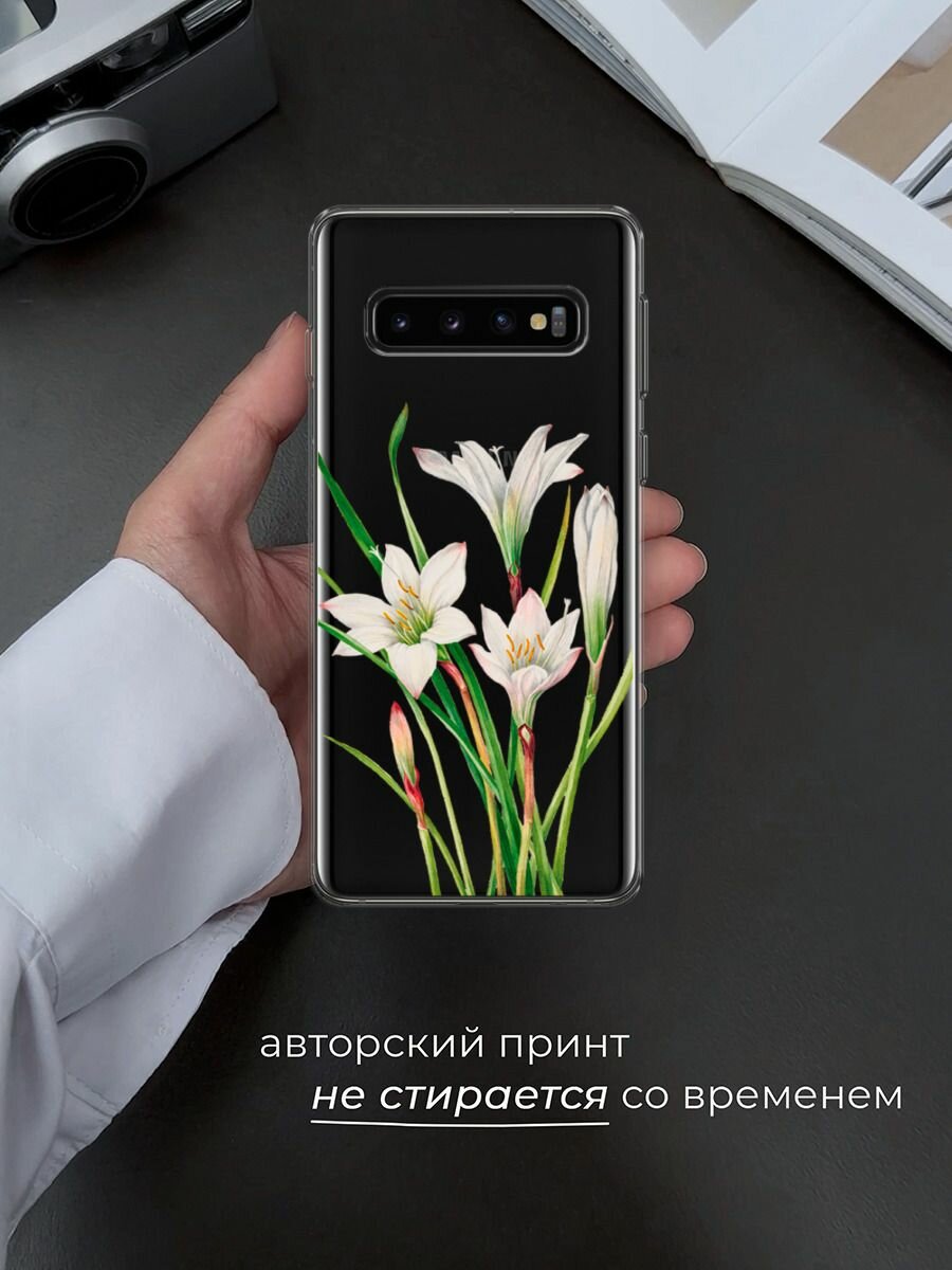 Чехол на Samsung Galaxy S10 + / Самсунг Галакси S10 Плюс с принтом "White lily", прозрачный — фото 1