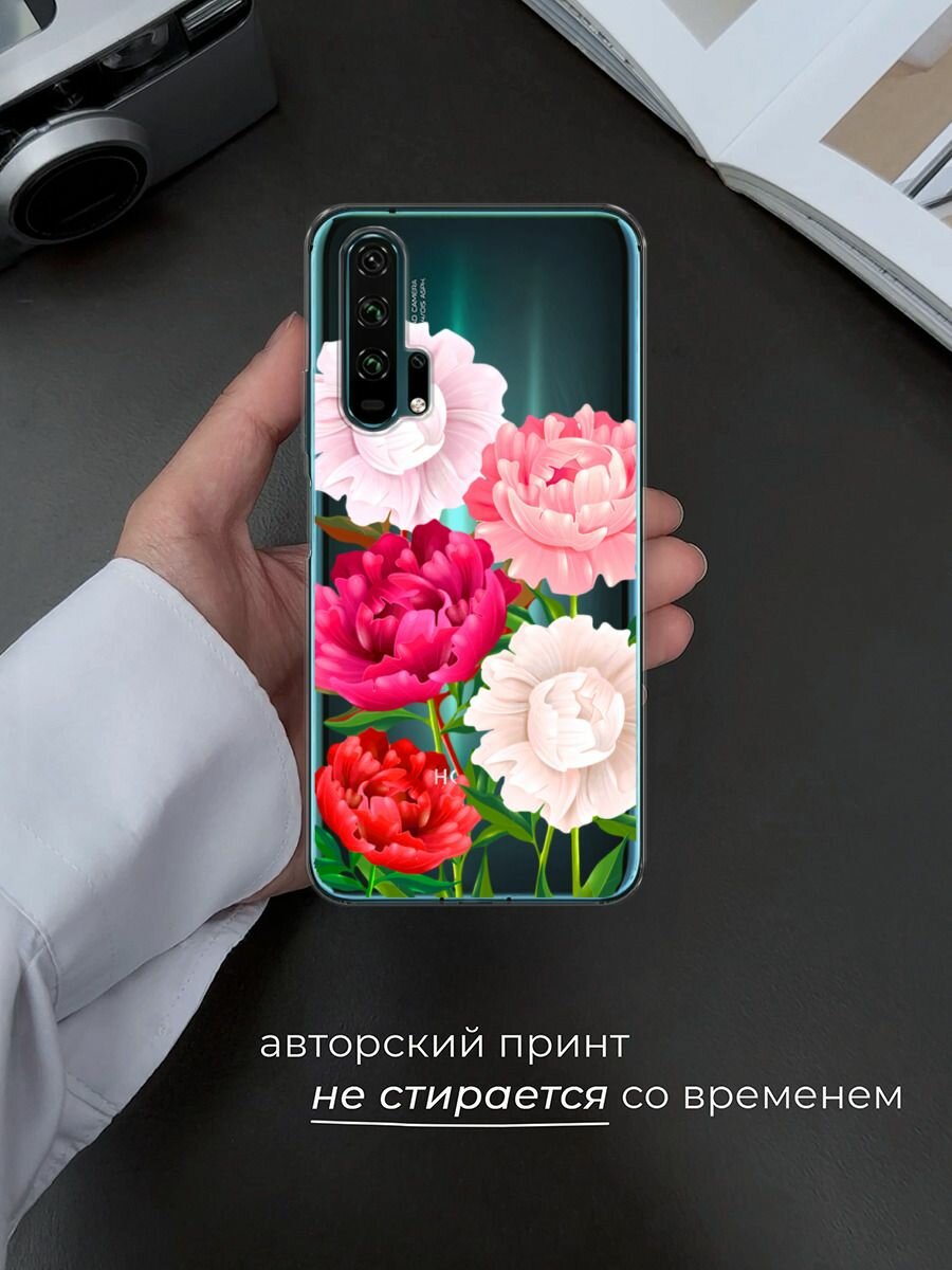 Чехол на Honor 20 Pro / Хонор 20 Про с принтом "Большие пионы", прозрачный — фото 1