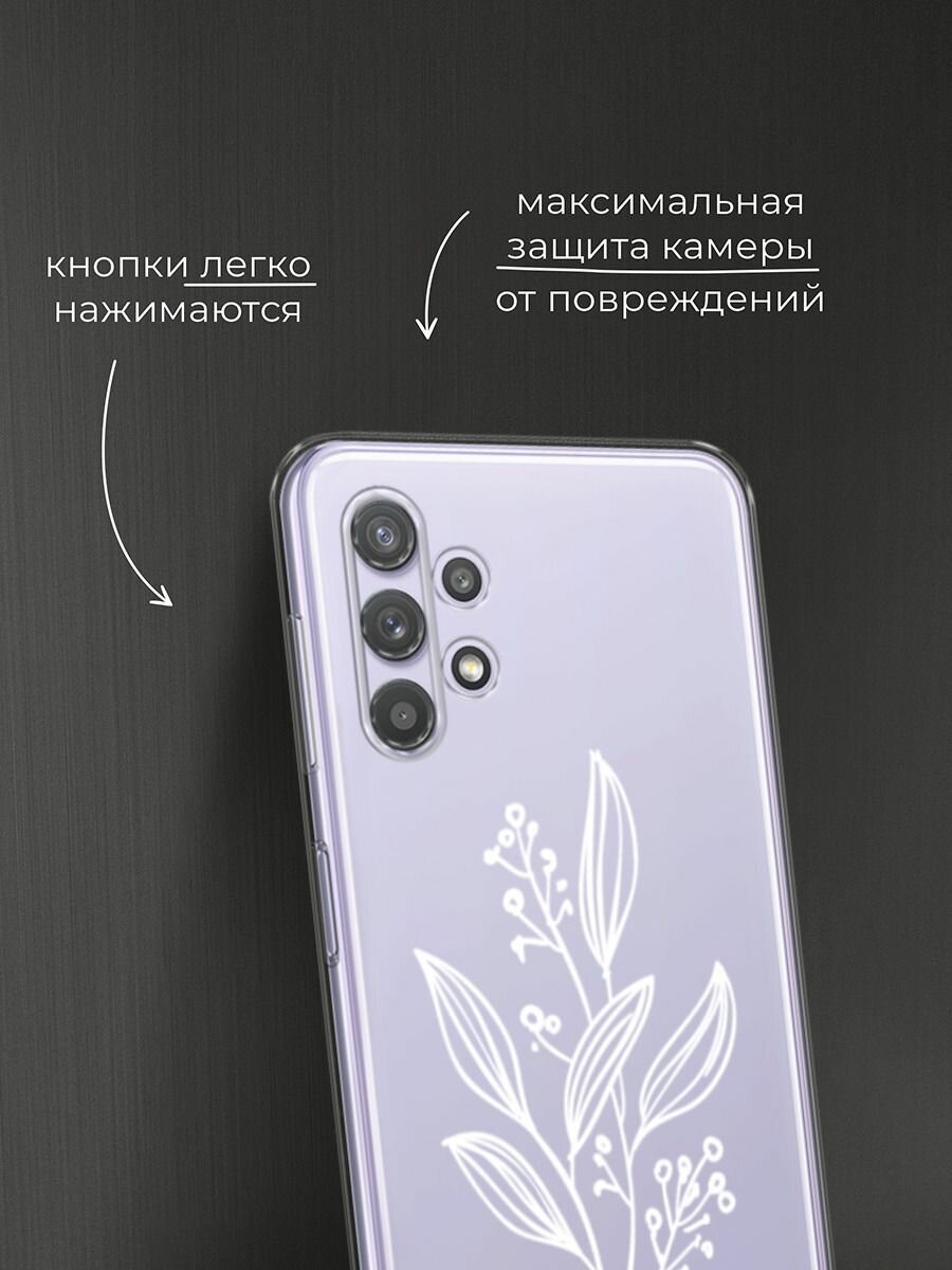 Чехол на Samsung Galaxy A32 / Самсунг Галакси А32 с принтом "Ветка с листочками и цветами", прозрачный — фото 1
