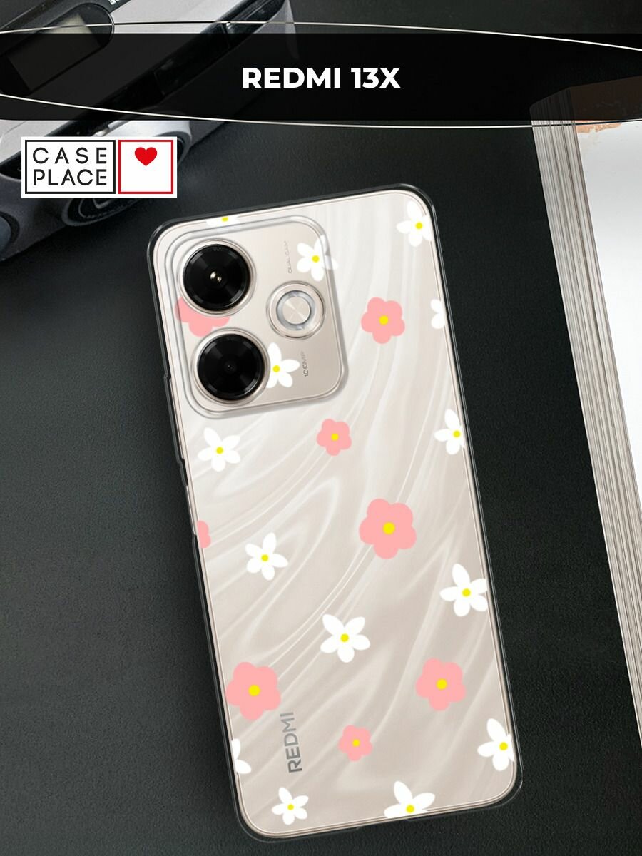 Чехол на Xiaomi Redmi 13X / Сяоми Редми 13X с принтом "Розовые и белые цветы", прозрачный