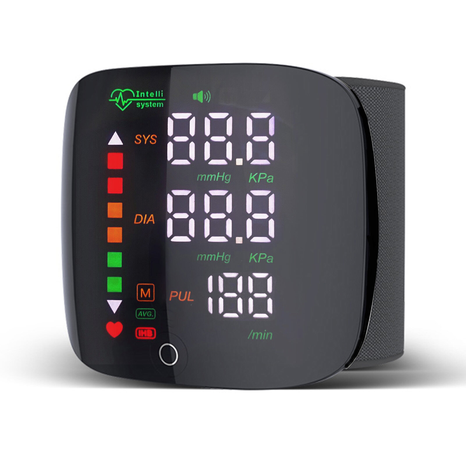 Монитор артериального давления Контактный экран Трехцветный дисплей Измерение запястья Запись в память двух человек Голосовая трансляция для пожилых людей