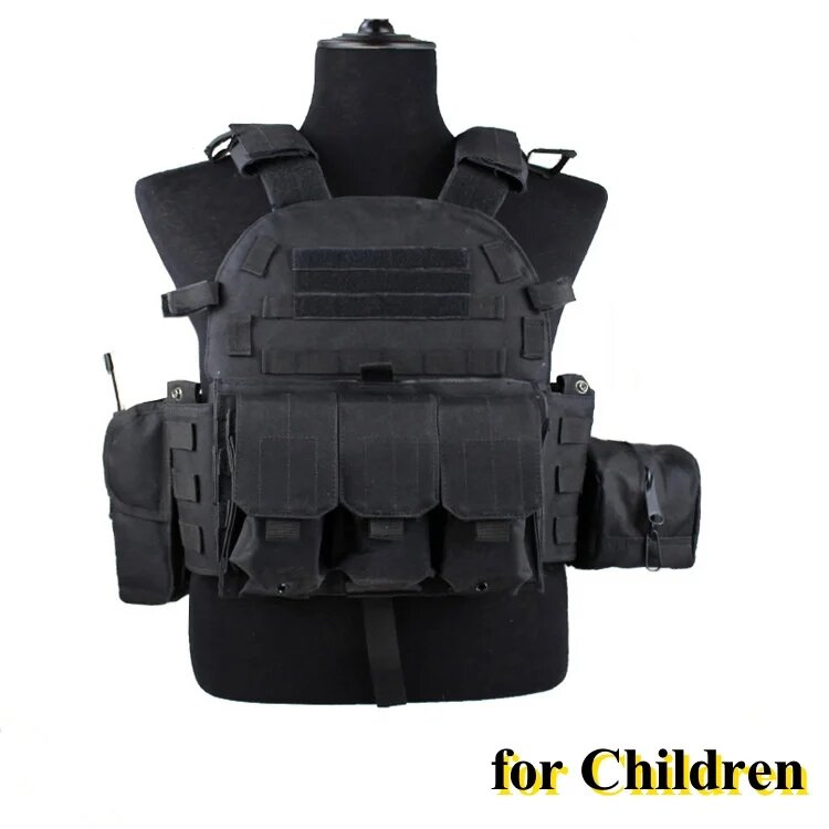 Детский камуфляжный тактический жилет, нейлоновый бронежилет, переноска пластин, боевые охотничьи жилеты, детские уличные тренировочные военные игры, страйкбольное снаряжение, for Kids 20-45kg, Черный, Мужской