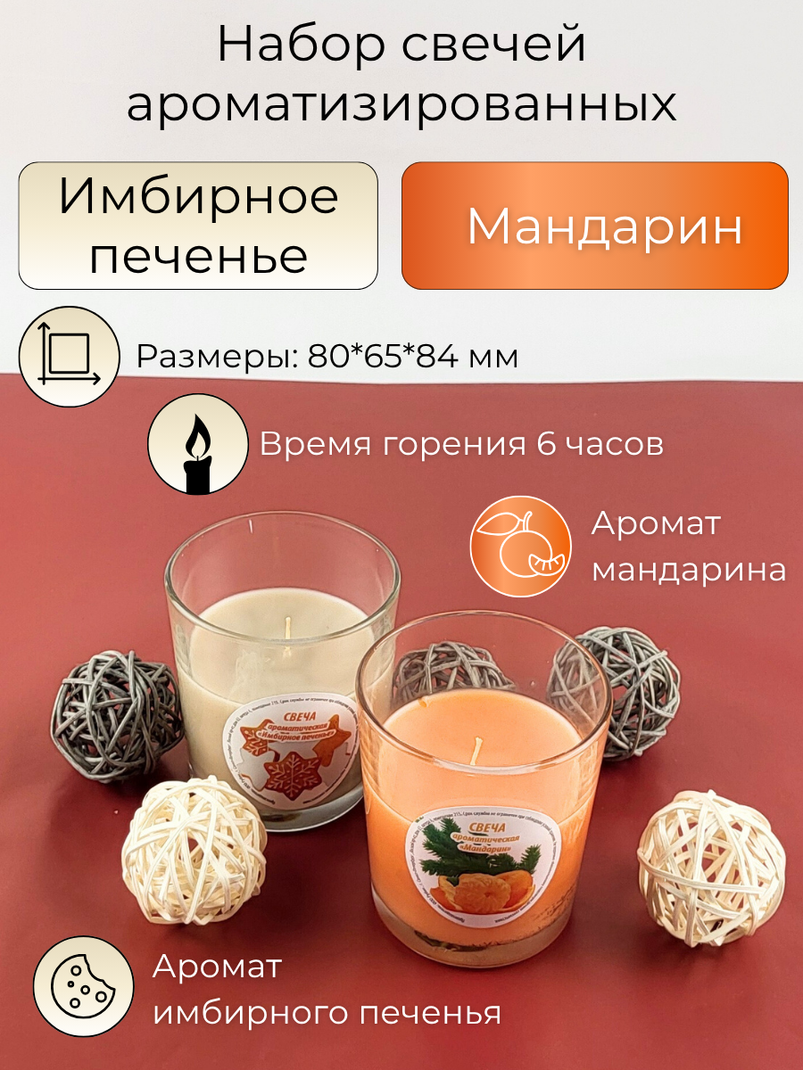 Свечи ароматические Имбирное печенье и Мандарин, в стеклянном стакане, время горения: до 6 часов, 2 шт.