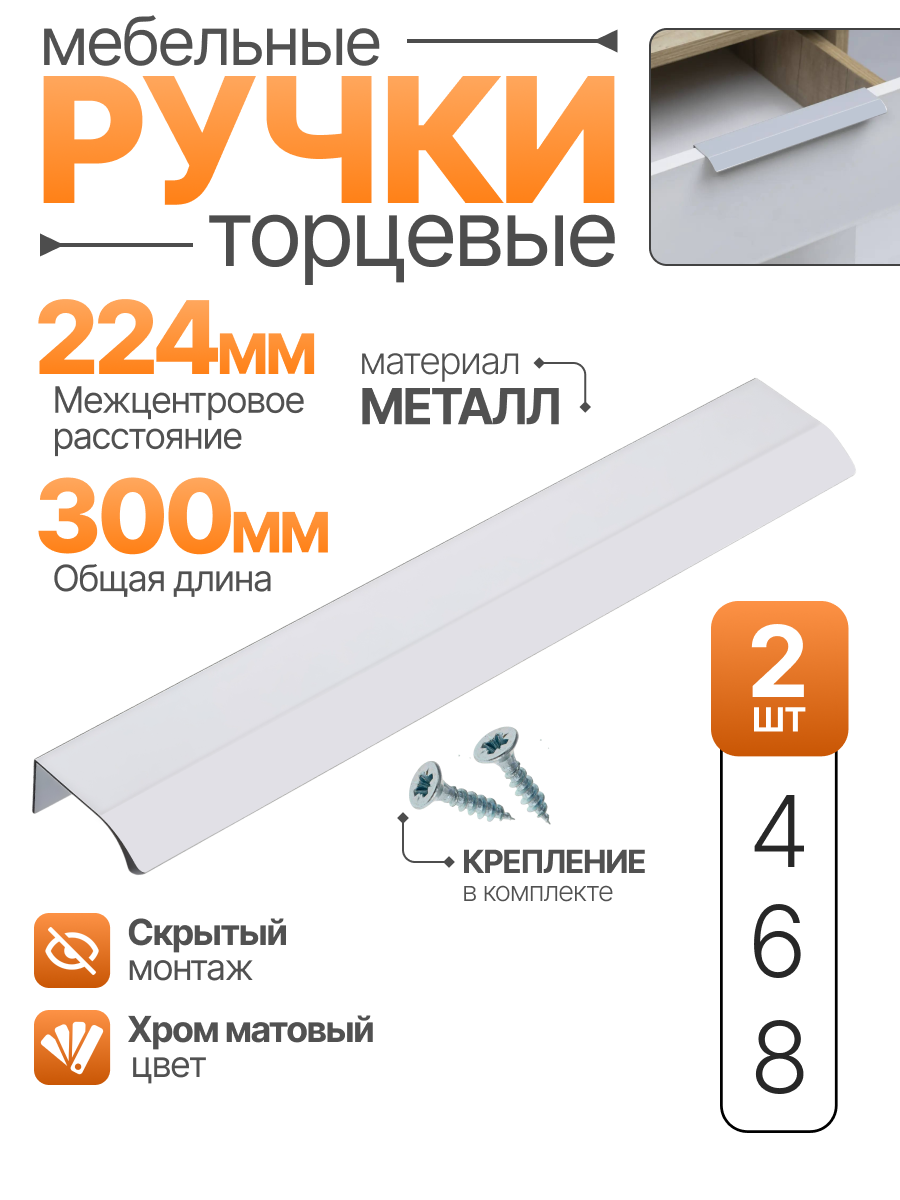 Ручка торцевая мебельная накладная 224 мм, 30 см, 2 шт