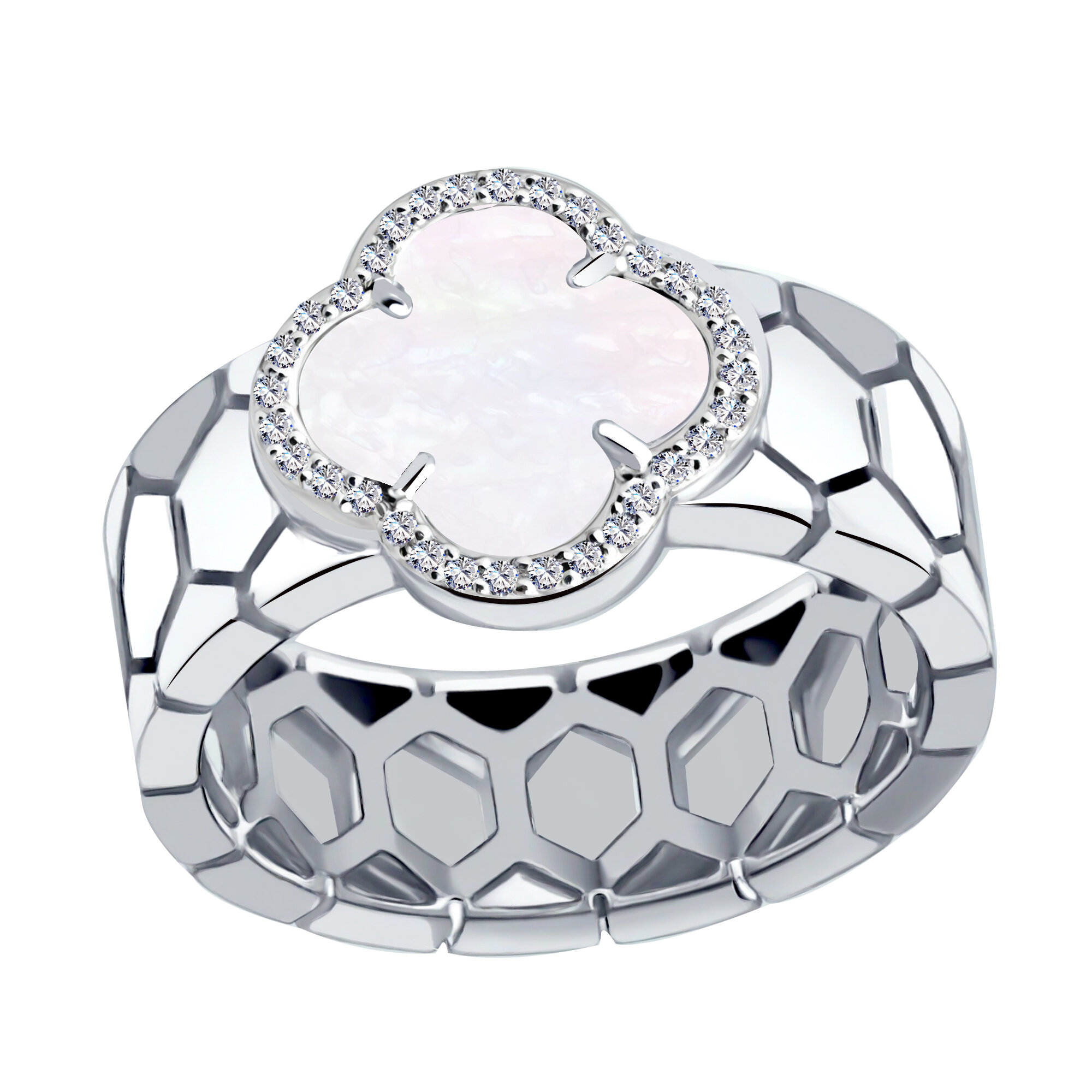 Кольцо, серебро, 925 проба, родирование, фианит, перламутр