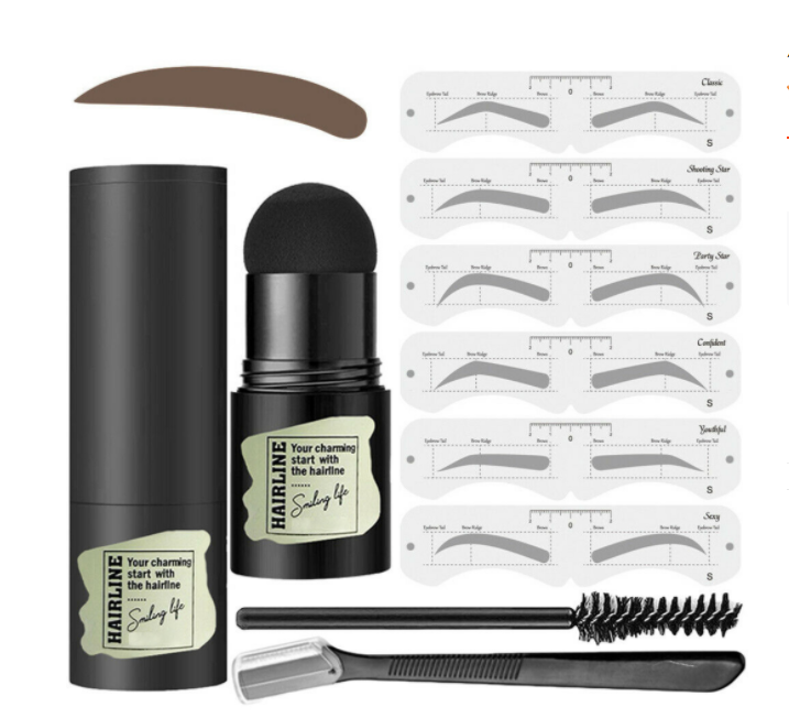 Набор для оформления бровей и линии роста волос Eyebrow Hairline Stamp Kit с инструментами: 1 шт. Пядро для бровей, 1 шт. Тример для бровей, 1 шт. Кисть для бровей, 6 шт. Шаблоны для бровей, 1 шт. Головной бантик, Цвета: Темно-коричневый,