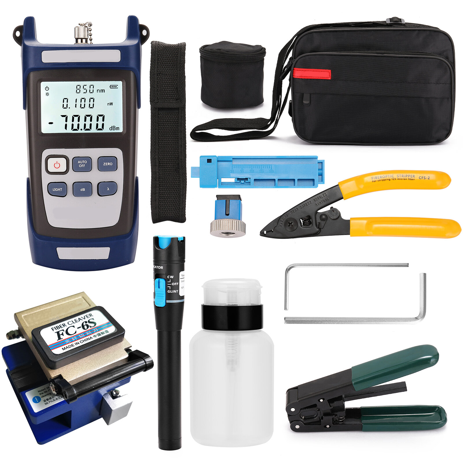 Набор инструментов для оптики FTTH с пинцами для обрезки, пинцами Миллера, клевером для оптического волокна, оптическим мощметром, красным указателем 5 км, черная сумка, металл, клевер диаметр волокна 125мкм, диаметр покрытия 250-900мкм, длина обрезки