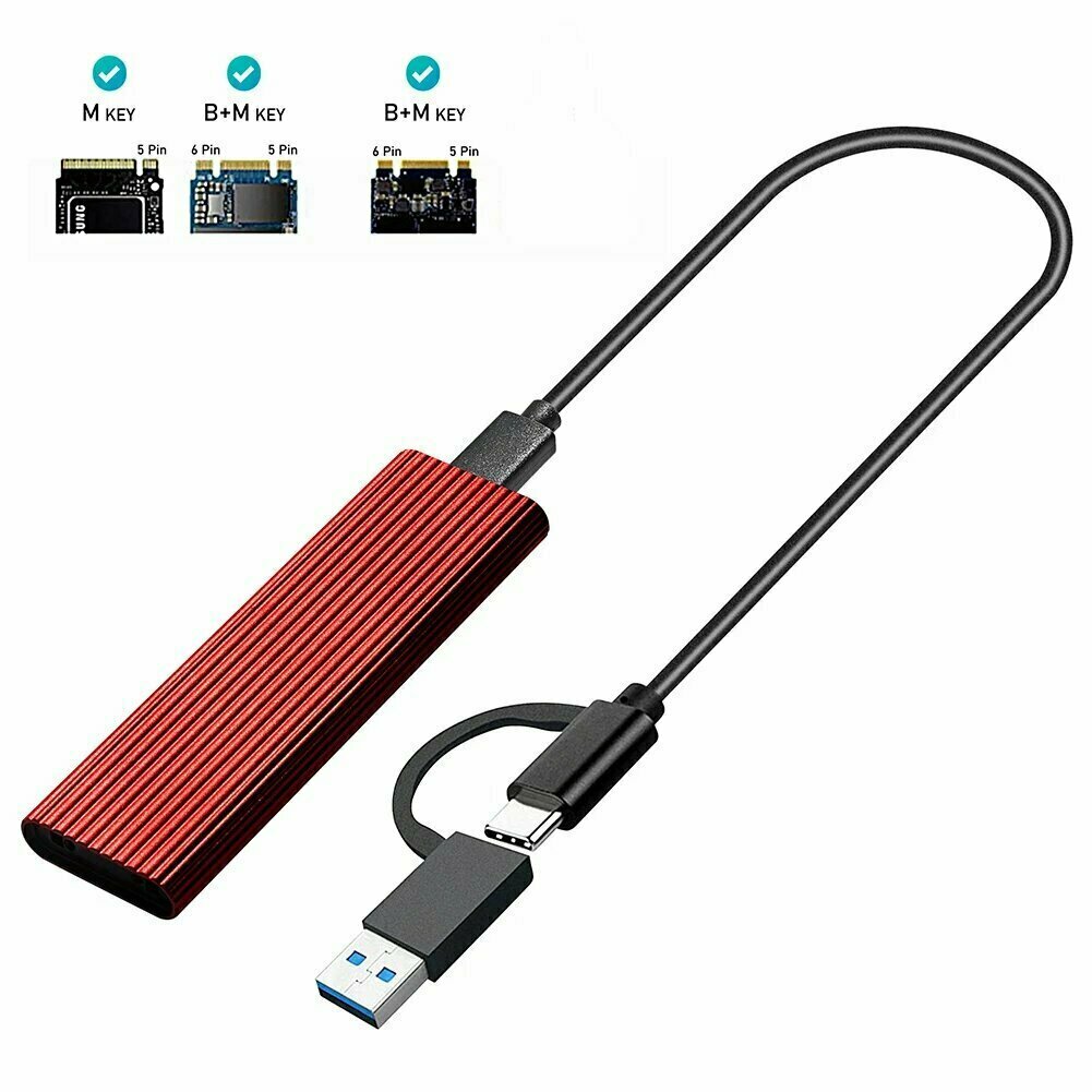 Корпус для SSD KingSpec M.2 NVMe/SATA, алюминий, USB 3.1, M2 Case 2in1 Red