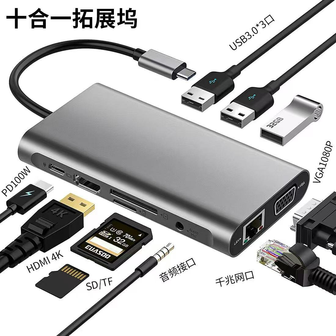 10-в-1 USB-концентратор Type-C, док-станция USB 3.0, адаптер 4K HDMI для MacBook, ноутбука, телефона.