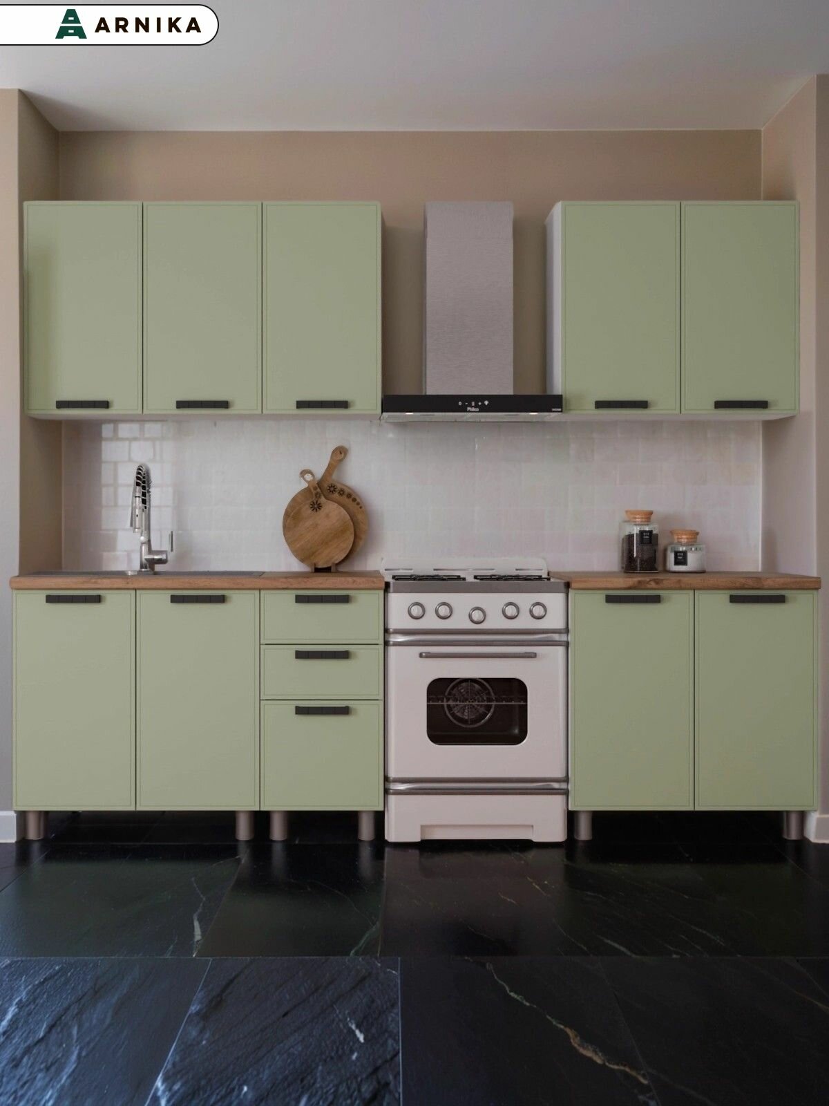 ARNIKA Кухонный гарнитур 2 м Фисташка/Фисташка, скоба черный, сонома
