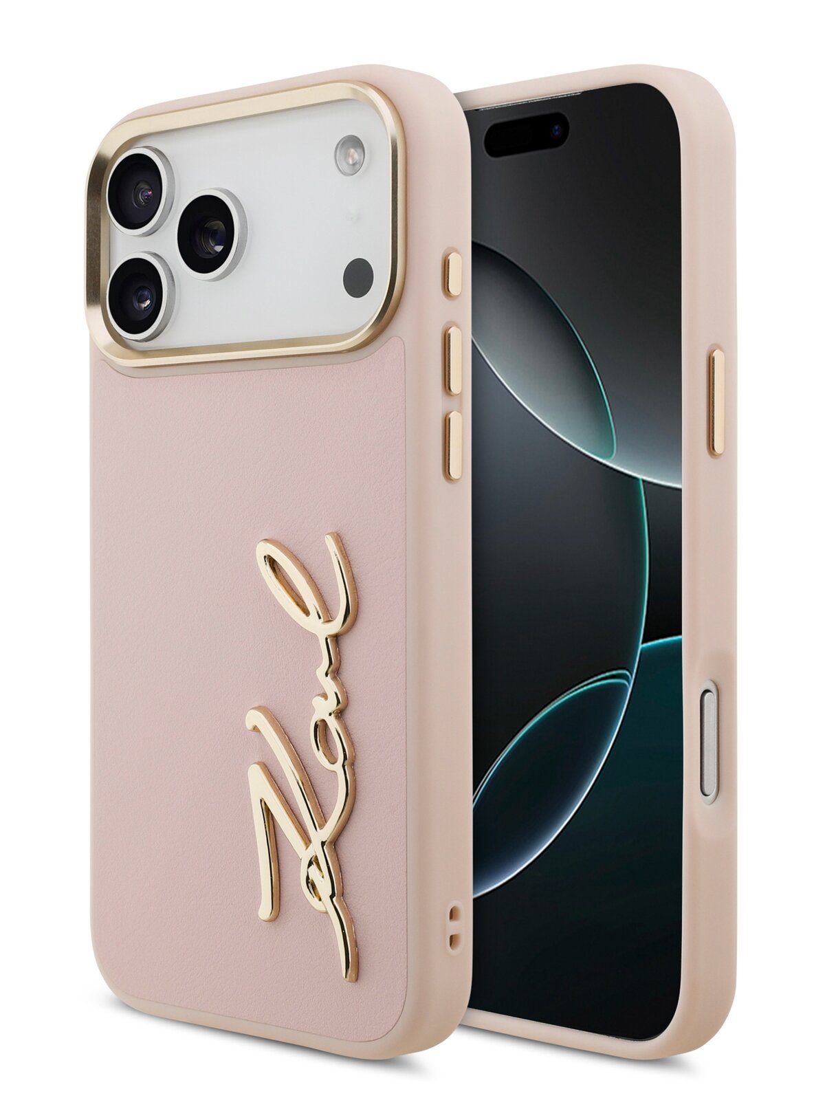 Karl Lagerfeld чехол для iPhone 17 Pro, PU кожа Autograph Metal logo & Gold camera, розовый