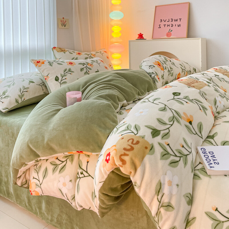 Свежий и элегантный комплект постельного белья из молочного флиса из четырех частей, зимний фланелевый пододеяльник из утолщенного молочного флиса, простыня, постельное белье для общежития,180*200cm