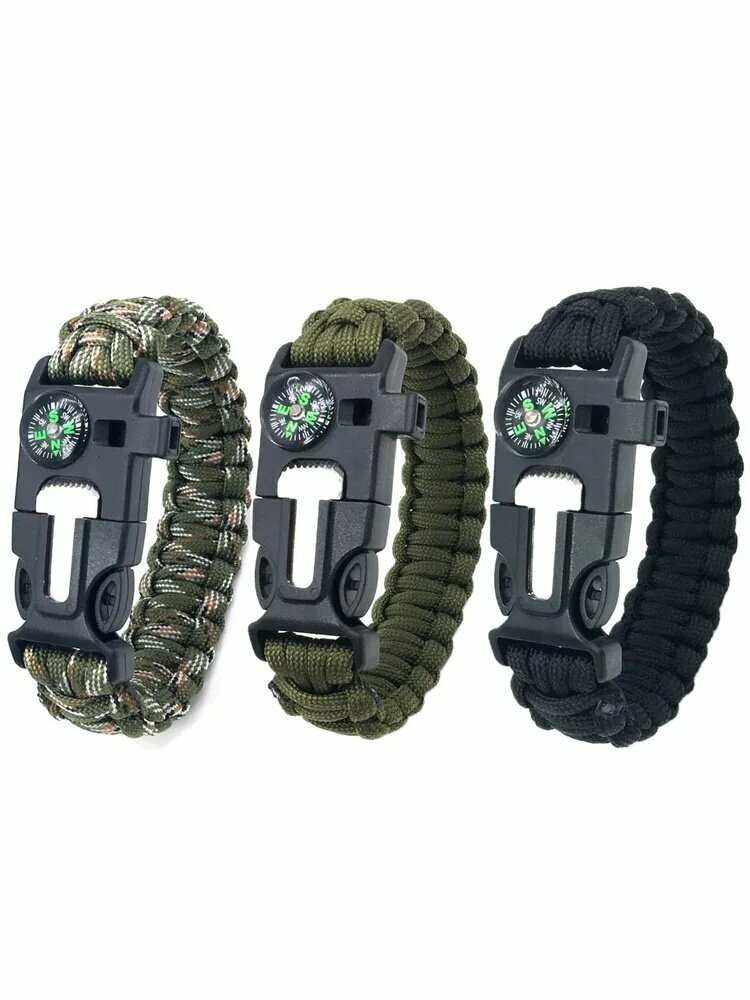 Набор тактических браслетов для выживания 5 в 1 — компас, огниво, свисток, нож и трос (чёрный, зелёный, мультикам)