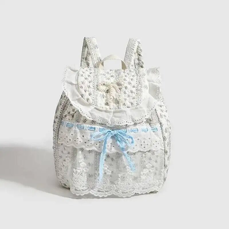 Милый рюкзак с цветочным принтом, женский кружевной лоскутный повседневный рюкзак с бантом, кавайные рюкзаки, плиссированная милая маленькая большая сумка для девочек